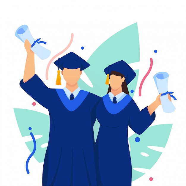 Graduación Celebrar Pareja Ilustración Plana Vector Premium