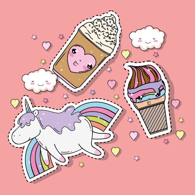 Helados Kawaii Con Pegatina De Unicornio Y Arco Iris Vector Premium