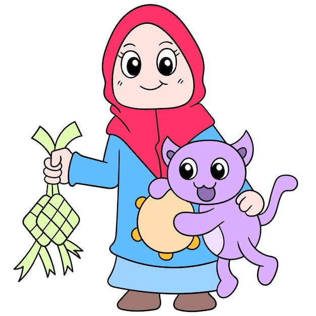 Una hermosa niña con un hijab musulmán con su gato mascota celebrando ... Una hermosa niña con un hijab musulmán con su gato mascota celebrando ...