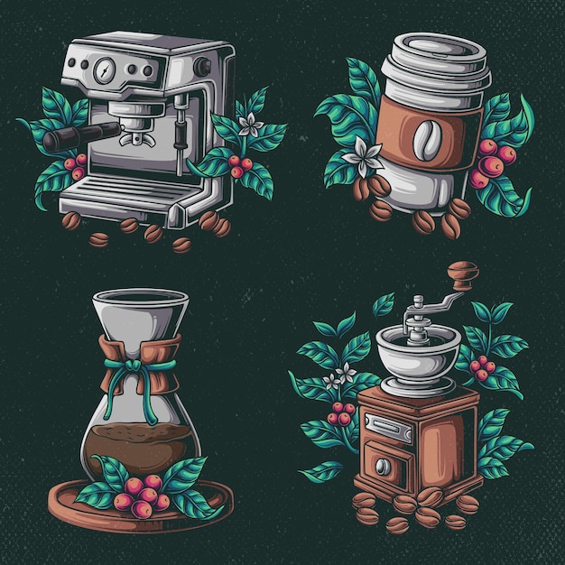 Ilustración De Conjunto De Herramientas De Cafetera Vector Premium