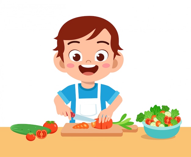 Lindo niño feliz cortando verduras | Vector Premium Lindo niño feliz cortando verduras | Vector Premium