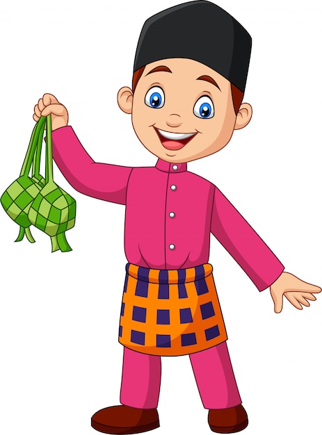 Lindo niño musulmán sosteniendo un ketupat | Vector Premium Lindo niño musulmán sosteniendo un ketupat | Vector Premium