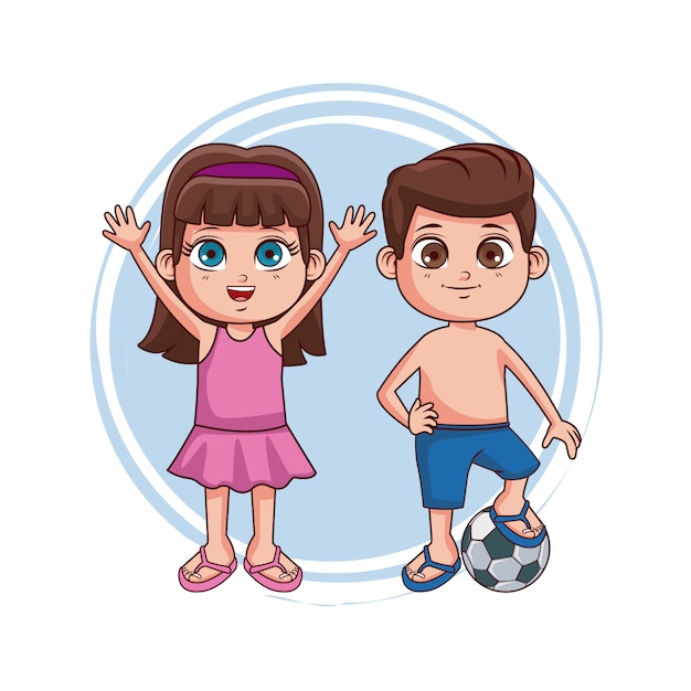 Lindo niño y niña con dibujos animados traje de baño | Vector Premium Lindo niño y niña con dibujos animados traje de baño | Vector Premium