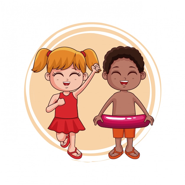 Lindo niño y niña con dibujos animados traje de baño | Vector Premium Lindo niño y niña con dibujos animados traje de baño | Vector Premium