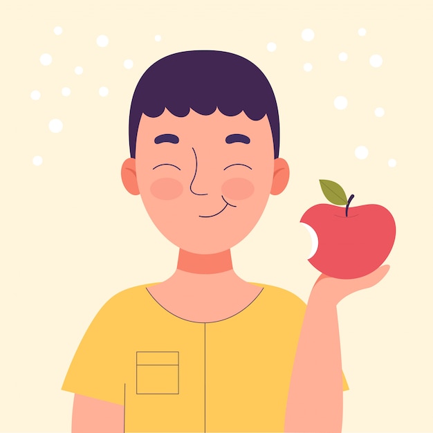 Lindo niño sonriente comiendo una manzana | Vector Premium Lindo niño sonriente comiendo una manzana | Vector Premium