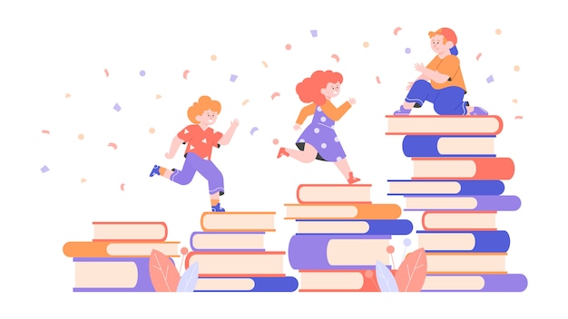Lindos Personajes Infantiles Y Pilas De Libros Los Amigos Aprenden A Leer Juntos Niños Y Niñas