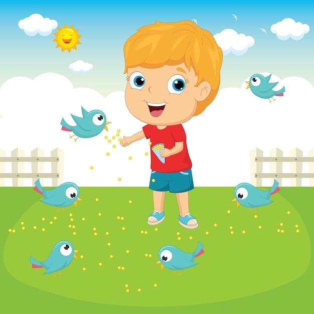 Niño alimentando pájaros | Vector Premium Niño alimentando pájaros | Vector Premium
