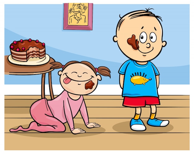 Niño y niña con dibujos animados de pastel | Vector Premium Niño y niña con dibujos animados de pastel | Vector Premium