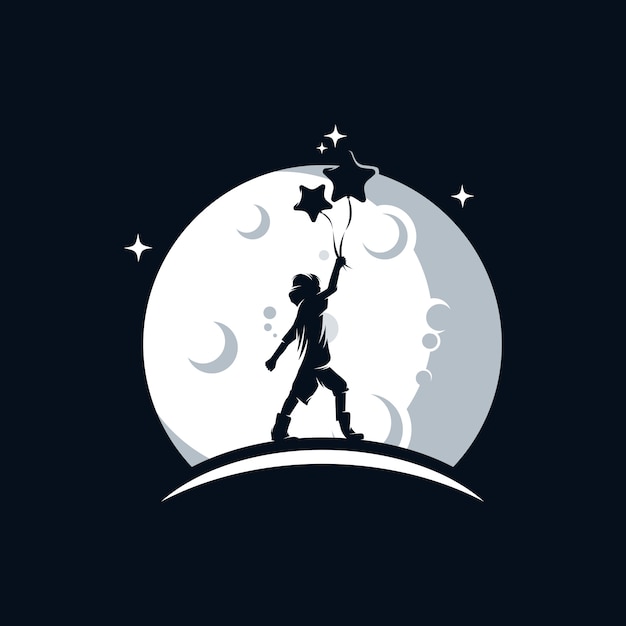 Niño pequeño sostiene un globo en el logo de la luna | Vector Premium Niño pequeño sostiene un globo en el logo de la luna | Vector Premium