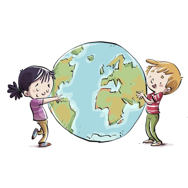 Niños abrazando el planeta tierra | Vector Premium Niños abrazando el planeta tierra | Vector Premium