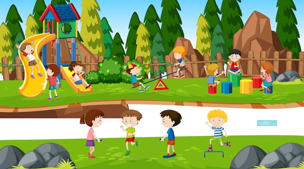 Niños y niñas activos jugando deportes y actividades divertidas afuera ... Niños y niñas activos jugando deportes y actividades divertidas afuera ...