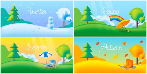 Paisaje de cuatro estaciones: invierno, primavera, verano, otoño con ... Paisaje de cuatro estaciones: invierno, primavera, verano, otoño con ...