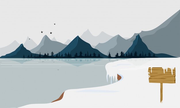 Paisaje de invierno con nieve, lago y montaña. | Vector Premium Paisaje de invierno con nieve, lago y montaña. | Vector Premium