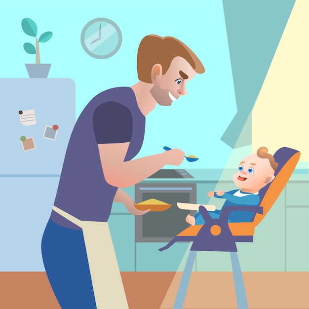 Papá en la cocina alimentando al niño en trona. ilustración vectorial ... Papá en la cocina alimentando al niño en trona. ilustración vectorial ...