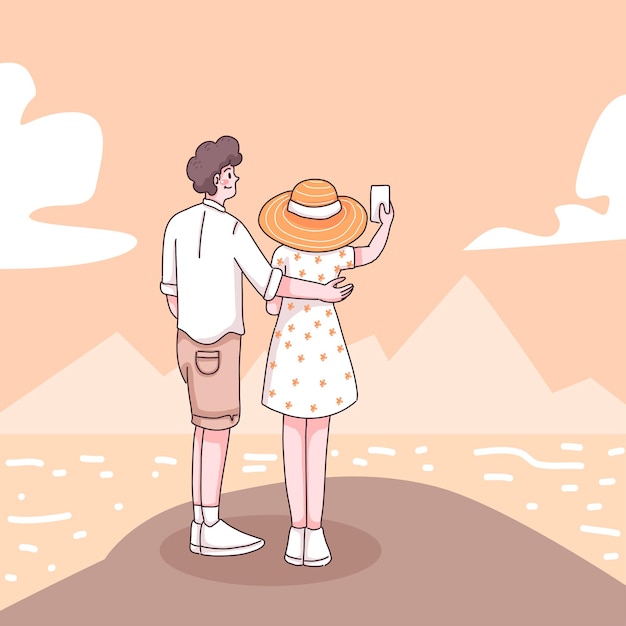 Pareja Joven Abstracta Selfie Juntos En La Playa En Personaje De Dibujos Animados Ilustración