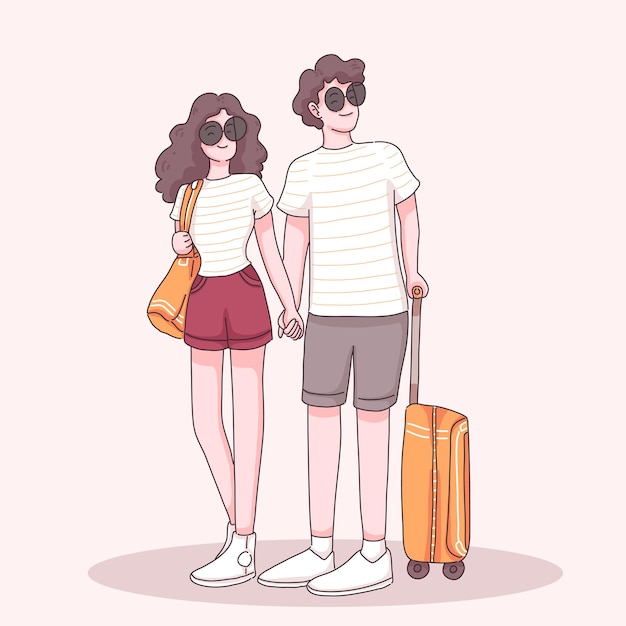 Pareja Joven Viajero Usa Gafas De Sol De Pie Con Maleta Y De La Mano Para Viajar En Personaje De