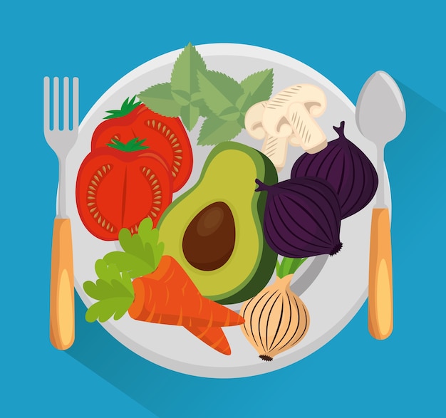 Plato Con Diseño De Ilustración De Vector De Verduras De Grupo Vector Premium