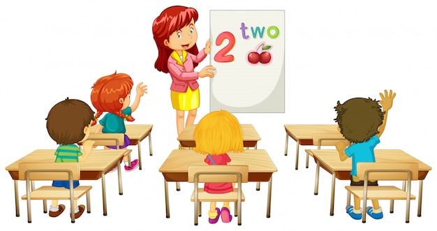 Profesor De Matemáticas Enseñando A Los Niños En Clase Vector Premium