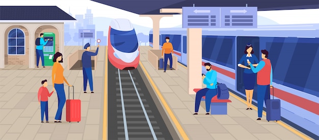 El tren llega a la estación de tren, personas esperando en la ... El tren llega a la estación de tren, personas esperando en la ...