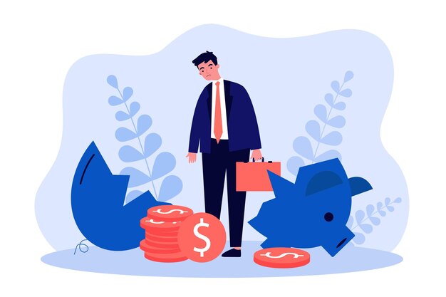 Triste hombre de negocios con hucha rota. hombre con crisis financiera ... Triste hombre de negocios con hucha rota. hombre con crisis financiera ...