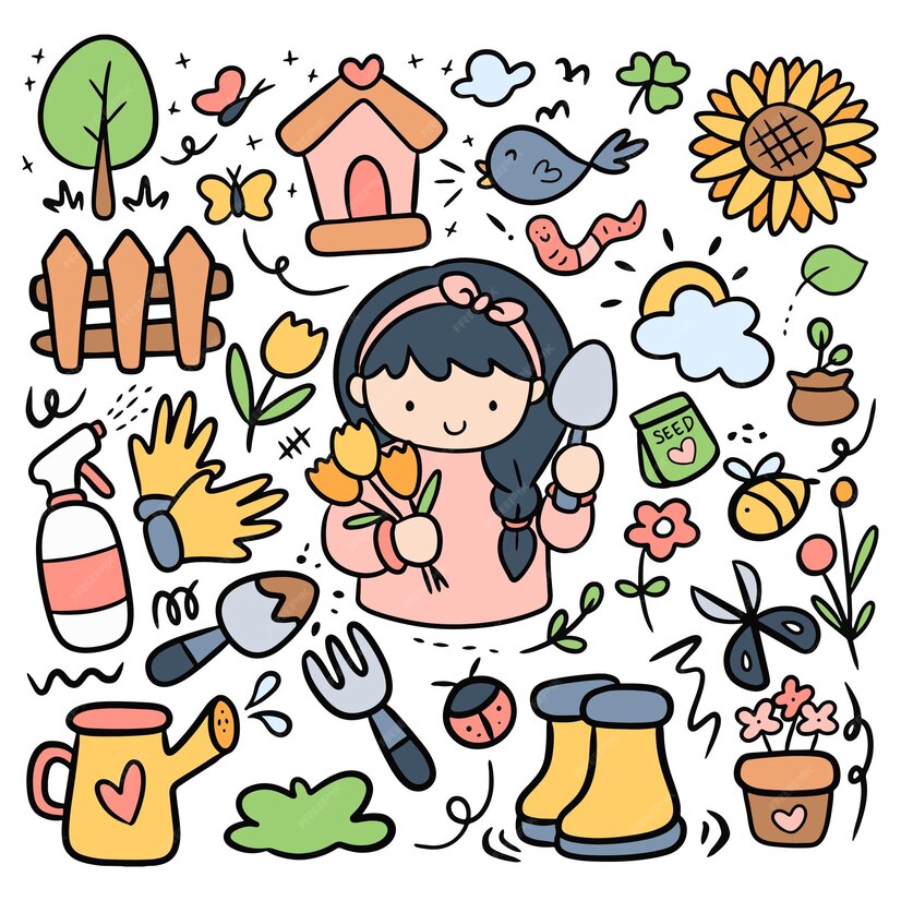 Cartoon-gartenarbeit im kawaii-doodle-stil vektor-cliparts | Premium-Vektor Cartoon-gartenarbeit im kawaii-doodle-stil vektor-cliparts | Premium-Vektor