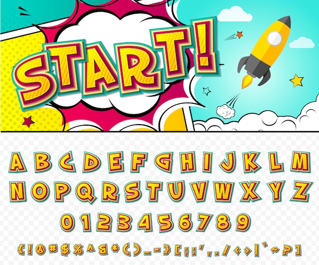 Comic-schriftart. cartoon alphabet im stil der pop-art. | Premium-Vektor Comic-schriftart. cartoon alphabet im stil der pop-art. | Premium-Vektor
