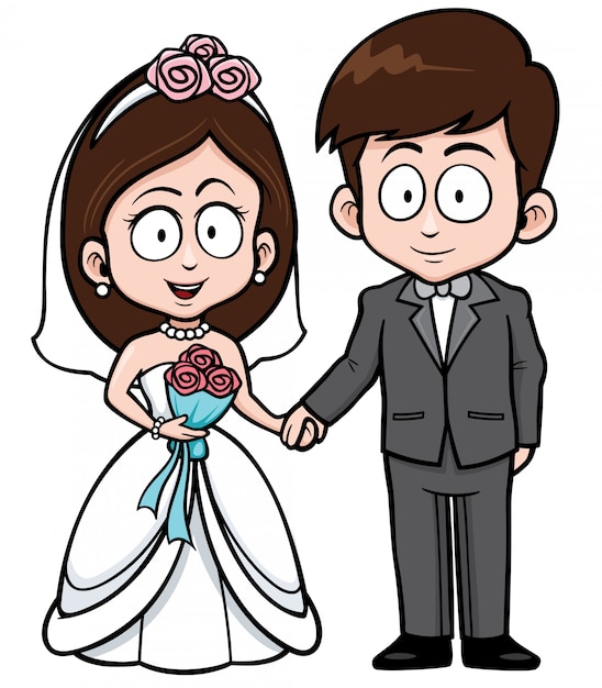Casal De Casamento Dos Desenhos Animados Vetor Premium