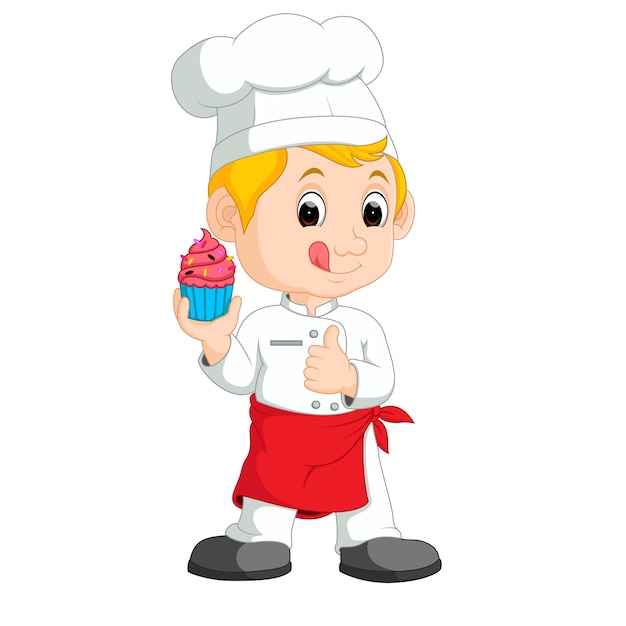 Chef de desenho animado mostrando delicioso bolo | Vetor Premium Chef de desenho animado mostrando delicioso bolo | Vetor Premium