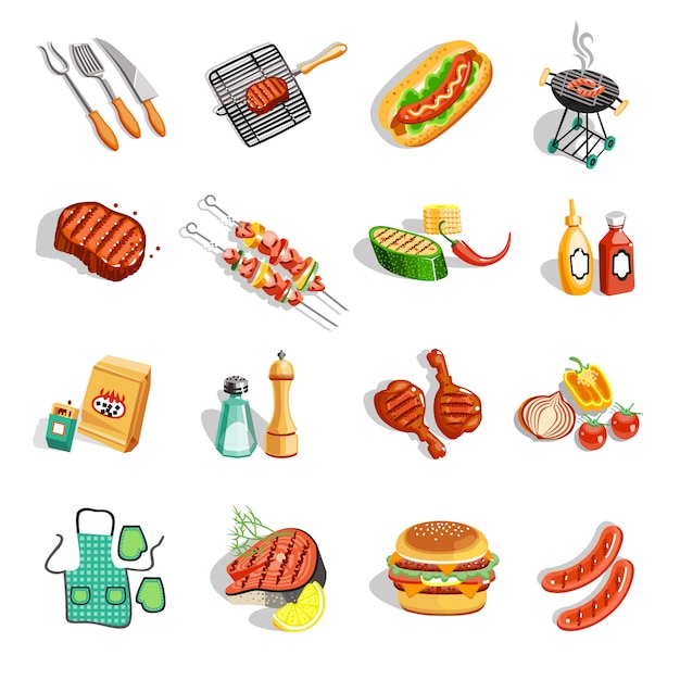 Conjunto de ícones plana de acessórios de comida de churrasco | Vetor ... Conjunto de ícones plana de acessórios de comida de churrasco | Vetor ...