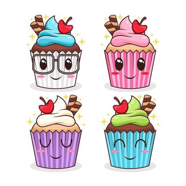 Conjunto de ilustração de desenho animado de personagem de cupcake ... Conjunto de ilustração de desenho animado de personagem de cupcake ...