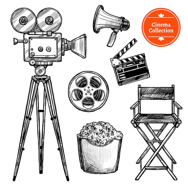 Conjunto desenhado a mão de cinema | Vetor Grátis Conjunto desenhado a mão de cinema | Vetor Grátis