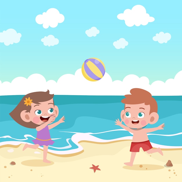 Crianças Brincam Na Ilustração De Praia Vetor Premium