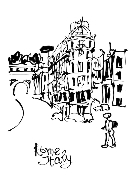 Desenho à mão de esboço preto e branco da famosa paisagem urbana de ... Desenho à mão de esboço preto e branco da famosa paisagem urbana de ...