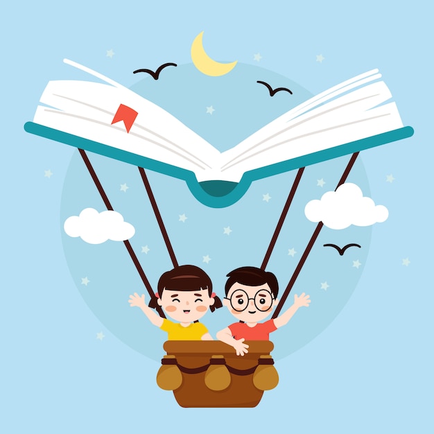 Dia mundial do livro, menina e menino em um livro de balão de ar quente ... Dia mundial do livro, menina e menino em um livro de balão de ar quente ...