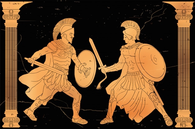 Dois guerreiros gregos antigos com uma espada e um escudo nas mãos em ... Dois guerreiros gregos antigos com uma espada e um escudo nas mãos em ...