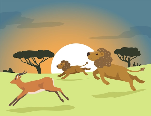 Dois Leões Dos Desenhos Animados Caçando Na Ilustração Plana De áfrica Orgulho Do Leão