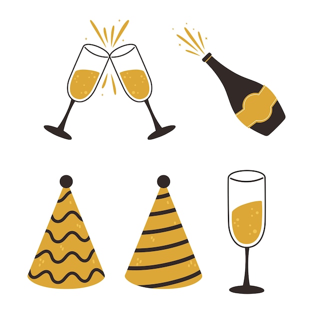 Feliz ano novo, ilustração vetorial de ícones de copos e garrafa de ... Feliz ano novo, ilustração vetorial de ícones de copos e garrafa de ...