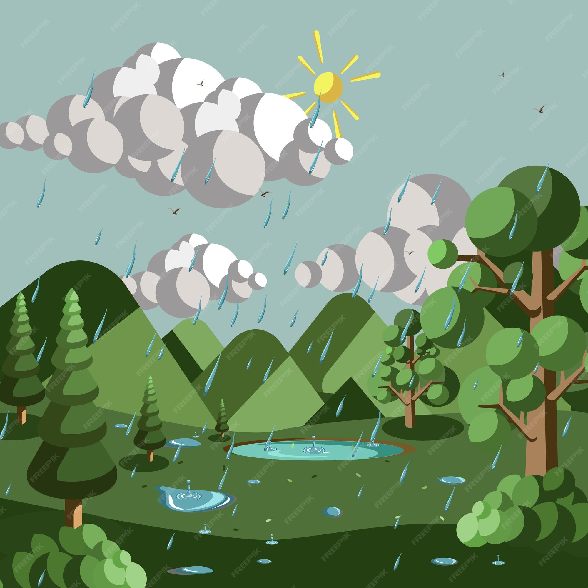 Ilustração em vetor paisagem floresta estação chuvosa | Vetor Premium Ilustração em vetor paisagem floresta estação chuvosa | Vetor Premium