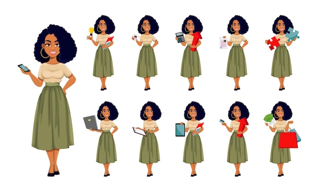 Linda mulher de negócios afro-americana com onze poses linda mulher de ... Linda mulher de negócios afro-americana com onze poses linda mulher de ...