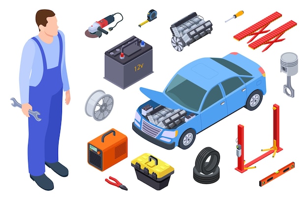 Mecânico de automóveis e ferramenta automotiva. técnico isométrico ... Mecânico de automóveis e ferramenta automotiva. técnico isométrico ...