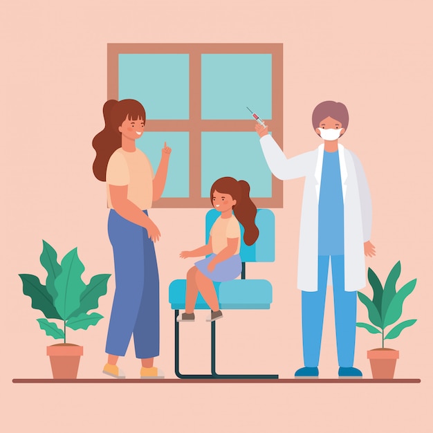 Médico homem vacinar menina e mãe design de ilustração de tema de ... Médico homem vacinar menina e mãe design de ilustração de tema de ...