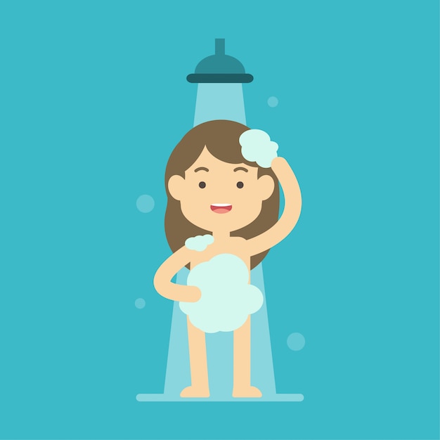 Menina feliz tomando banho no conceito de casa de banho | Vetor Premium Menina feliz tomando banho no conceito de casa de banho | Vetor Premium