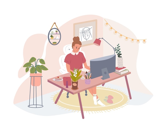 Mulher trabalhando em casa, estudante ou ilustração plana em vetor ... Mulher trabalhando em casa, estudante ou ilustração plana em vetor ...