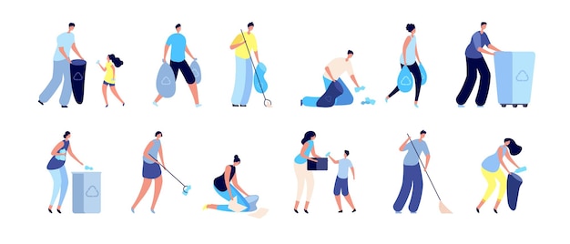 Pessoas coletam lixo. reciclagem de lixo, família com contentores de ... Pessoas coletam lixo. reciclagem de lixo, família com contentores de ...