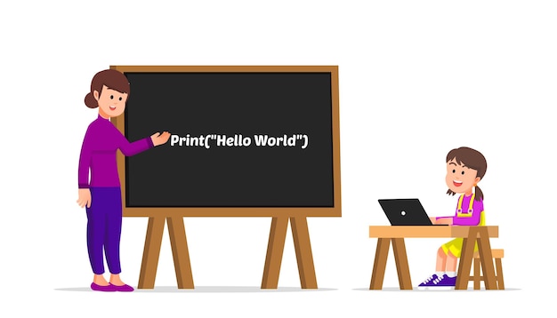 Professora ensina uma linguagem de programação a uma menina | Vetor Premium Professora ensina uma linguagem de programação a uma menina | Vetor Premium