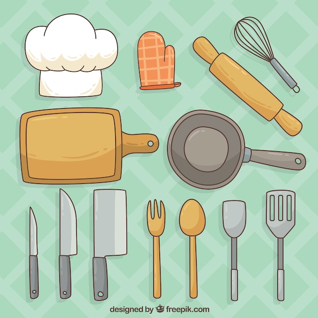 Seleção de itens de cozinha desenhados à mão | Vetor Grátis Seleção de itens de cozinha desenhados à mão | Vetor Grátis