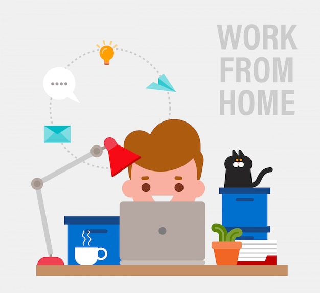 Trabalho a partir de casa. jovem feliz trabalhando remotamente no ... Trabalho a partir de casa. jovem feliz trabalhando remotamente no ...