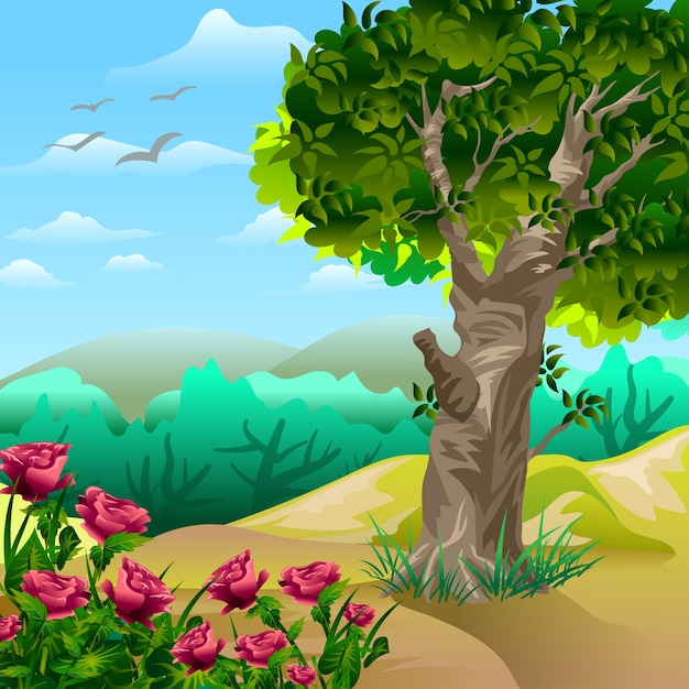 Paesaggio dei cartoni animati con fiori | Vettore Premium Paesaggio dei cartoni animati con fiori | Vettore Premium
