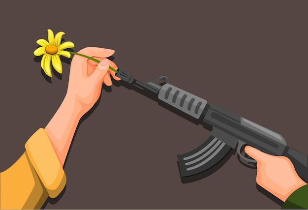 Flower power, hand zetten bloem op soldaat geweer pistool symbool voor ... Flower power, hand zetten bloem op soldaat geweer pistool symbool voor ...