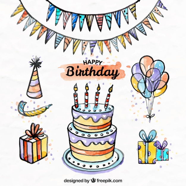 Hand getekende aquarel verjaardag decoratie set | Gratis Vector Hand getekende aquarel verjaardag decoratie set | Gratis Vector